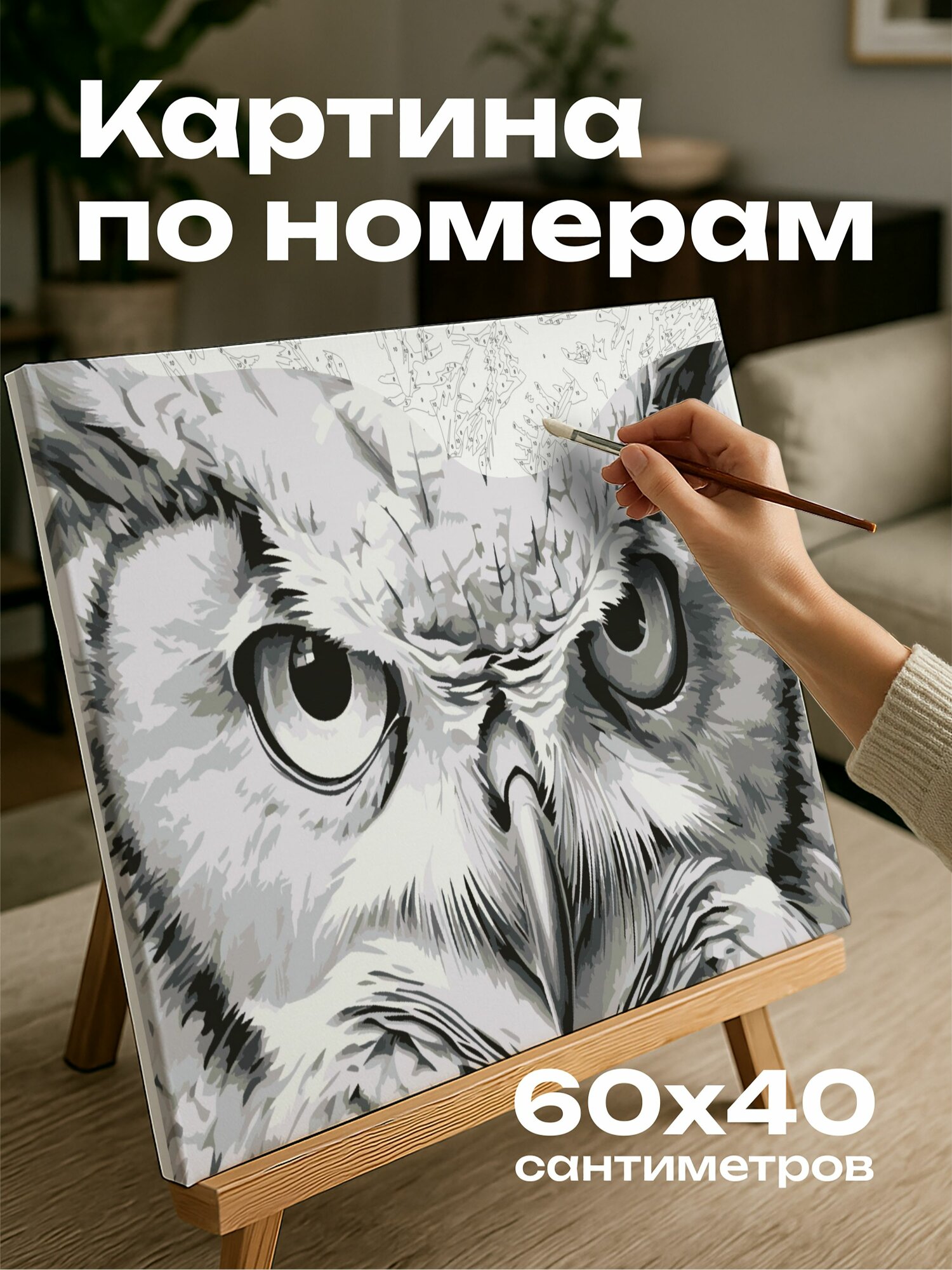 Картина по номерам 60x40 см, сова, глаза, мудрость, древность, перья, напряжение, рисунок, детальный