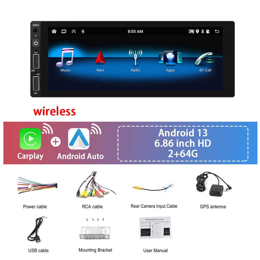 Автомагнитола Podofo 1 Din, Android, Carplay, MP5/2 + 64 ГБ, Bluetooth, 6,86 дюйма 2 64G