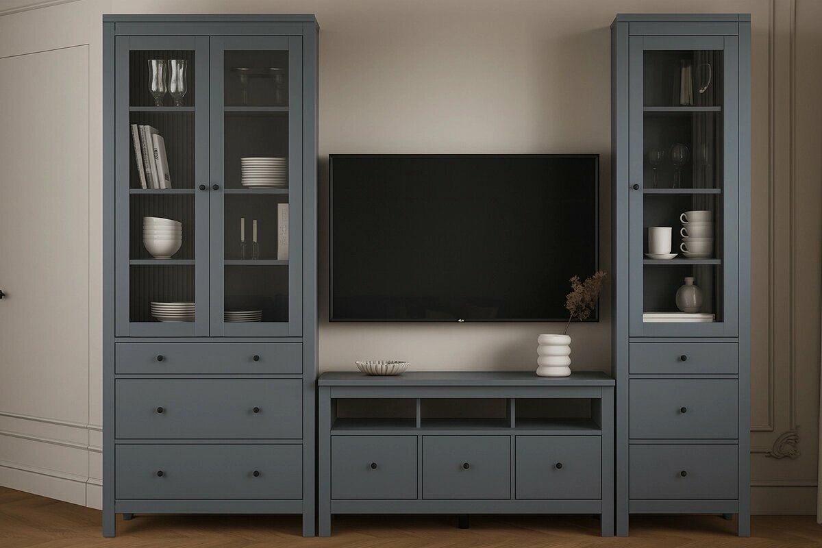 Комплект витрины, стиль икеа, скандинавский дизайн, серый цвет, для гостиной