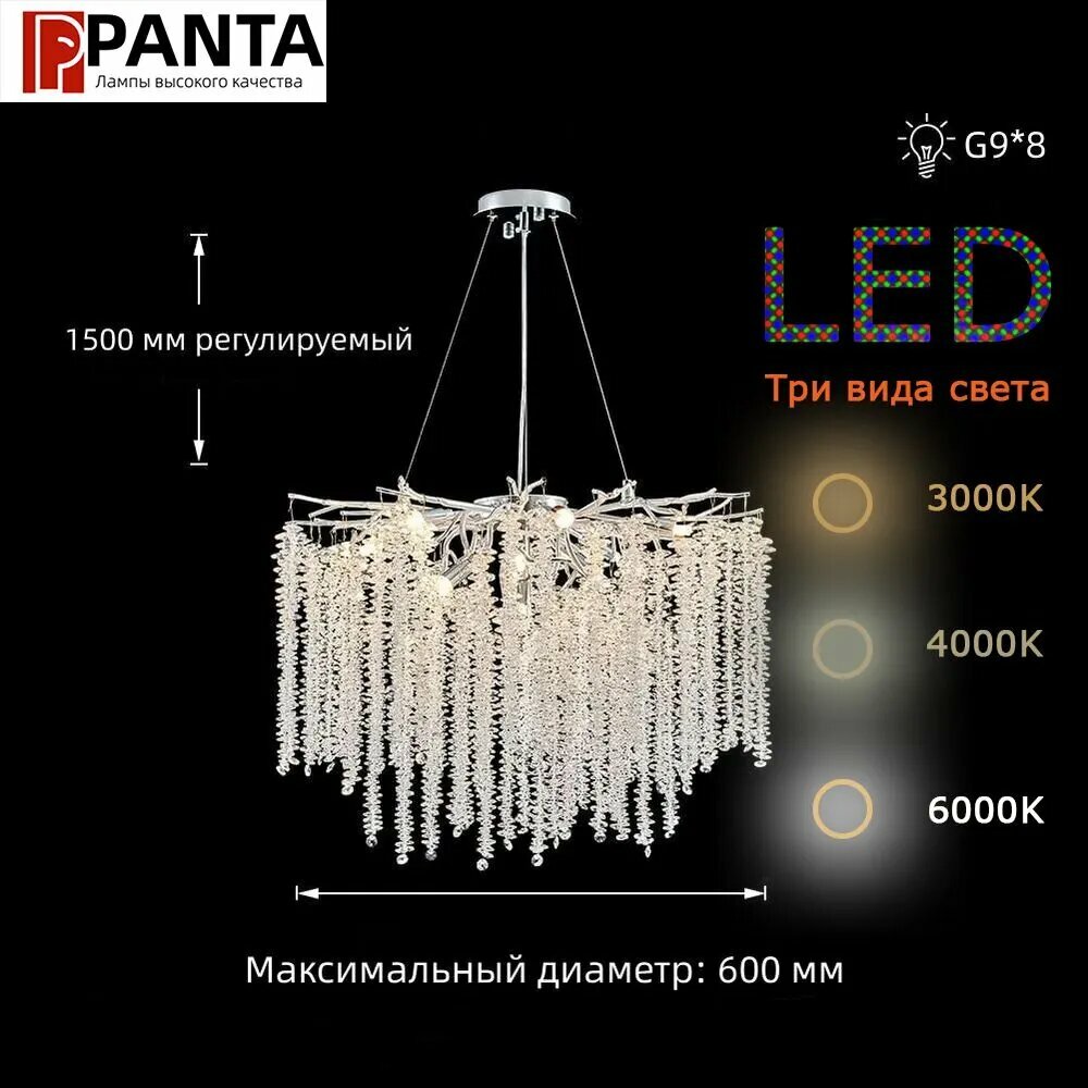 PANTA Хрустальная люстра, E14 для гостиной, 8 ламп, серебристая, 60x60 см, Китай — фото 1