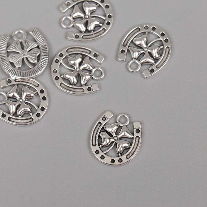 Металлический элемент, декоративная подвеска Арт Узор. Подкова с клевером , серебро, набор 6 шт, 1.1 1.4 см