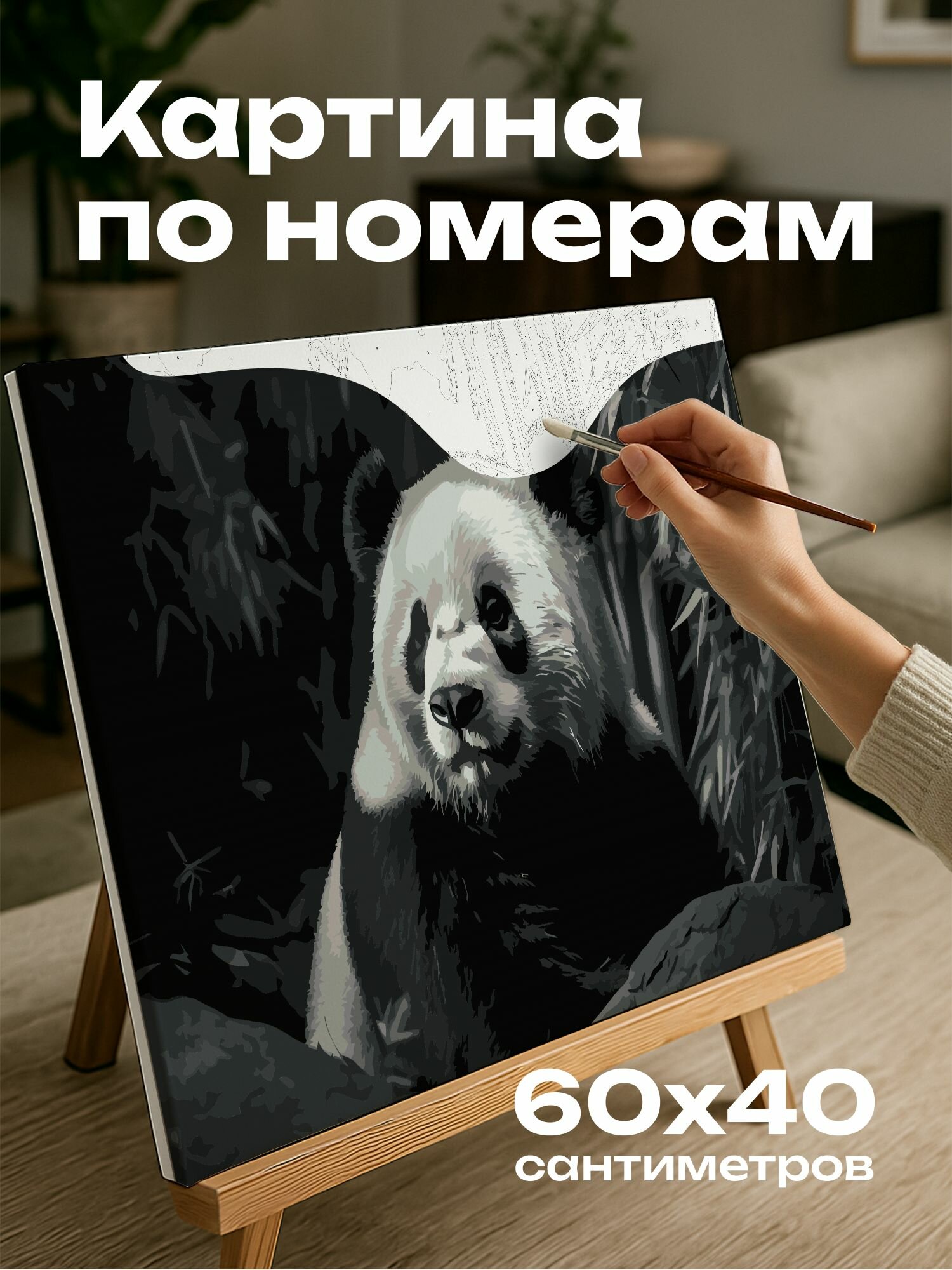 Картина по номерам 60x40 см, Панда, бамбуковый лес, черно-белый мех, Canon EF 70-200mm, разрешение 135 мм, ISO 400, f