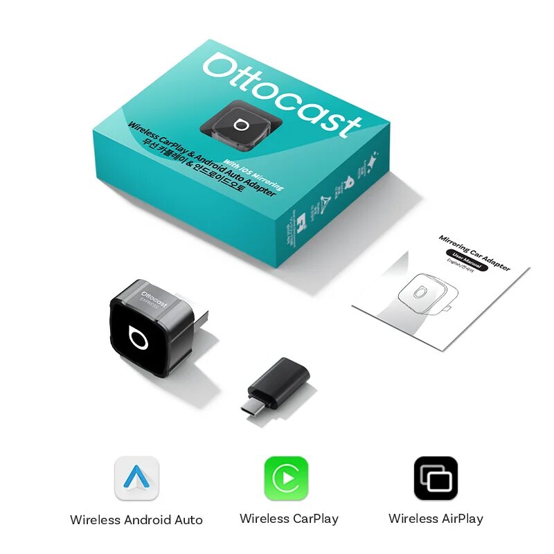 Беспроводной автомобильный адаптер OTTOCAST Mini Air 3-в-1 CarPlay для Android, поддерживает зеркальное отображение экрана AirPlay, работает по принципу Plug and Play, совместим с Audi, Volkswagen и Kia.