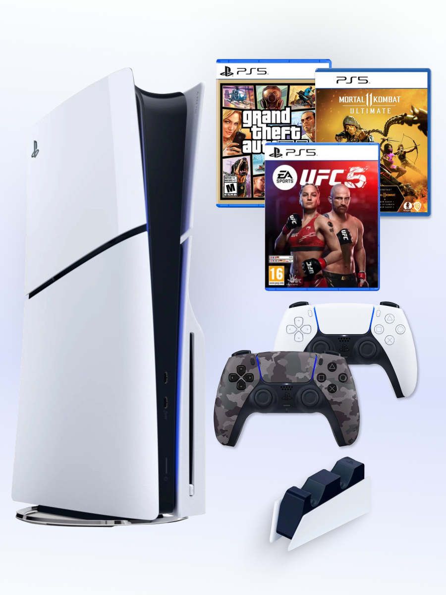Игровая приставка Sony PlayStation 5 Slim, 1ТБ(с дисководом), 2й черный + GTA5+UFC+Mortal Combat11