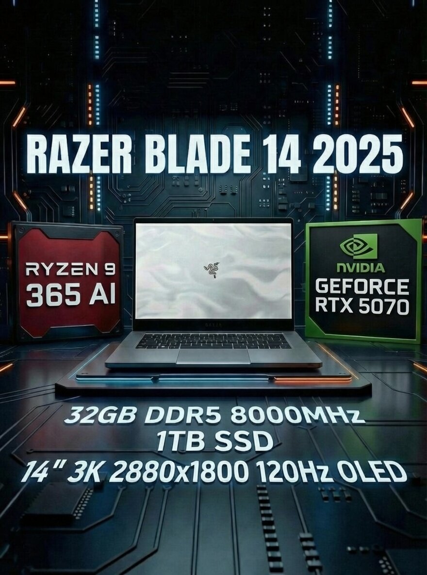 Razer Blade 14 Игровой ноутбук 14" англ. клавиатура3K 120Hz OLED Gaming Laptop - AMD Ryzen AI 9 365 2024 - 32GB Memory - NVIDIA RTX 5070 - 1TB SSD - Mercury ( английская клавиатура)