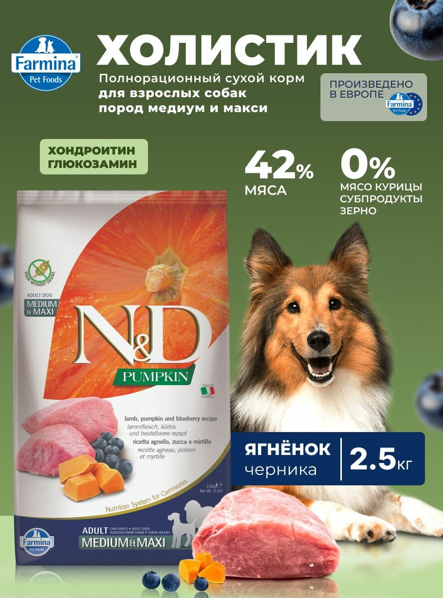 Cухой корм для собак Farmina 2,5кг ND Pumpkin Н&Д Тыква с ягненком и черникой Для взрослых собак Медиум и макси