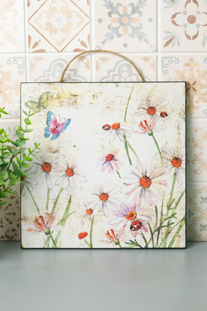 Декоративное настенное панно окошко В лето: ромашки, дерево, 24х24 см, Kaemingk 879869-3