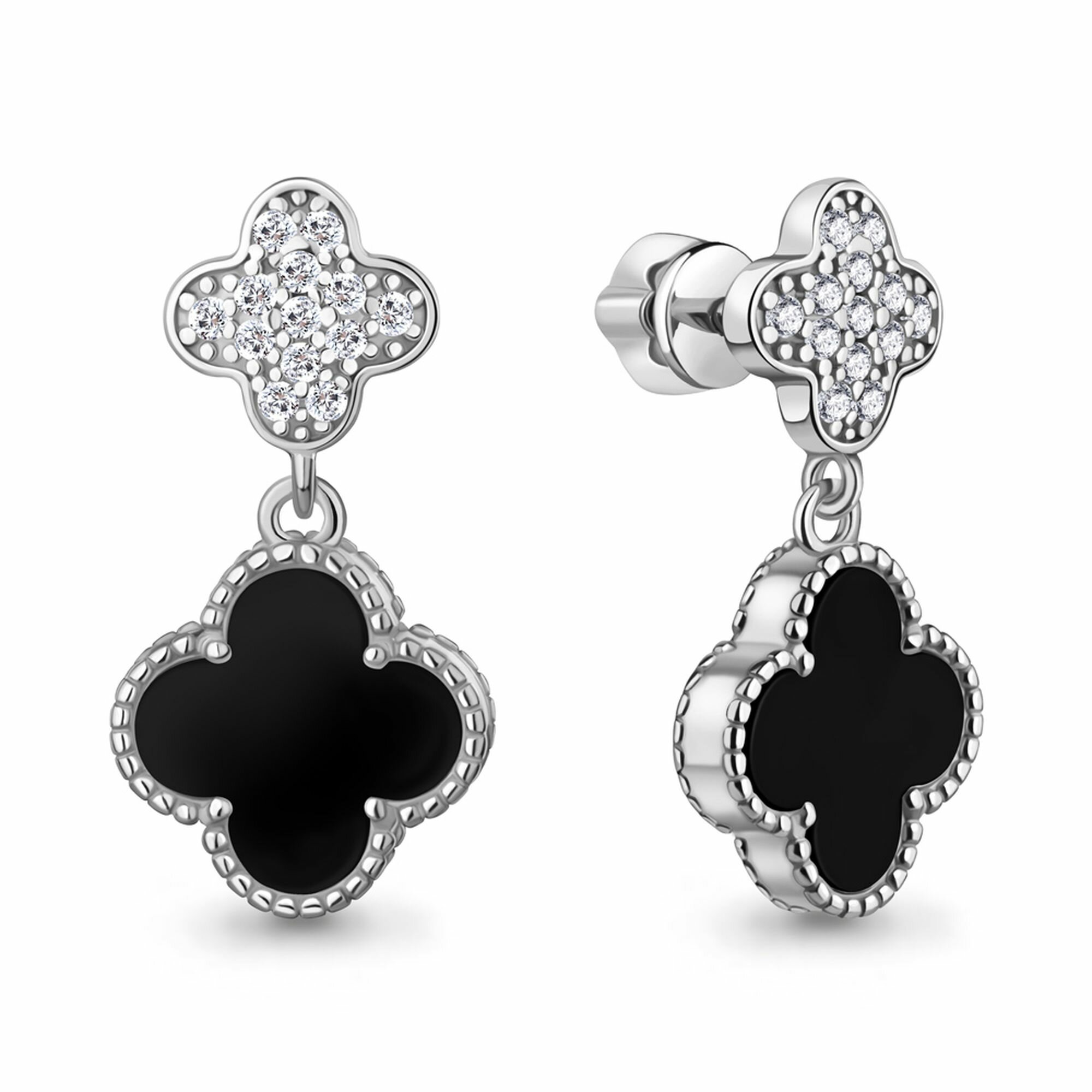 Серьги, серебро, 925 проба, родирование, оникс, фианит