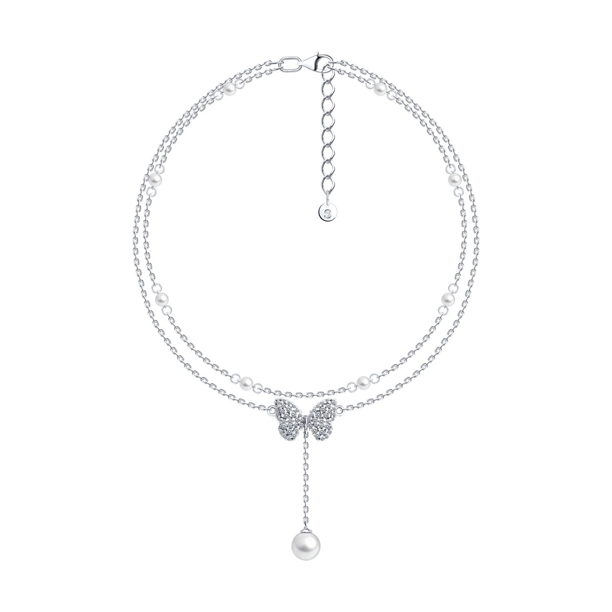 Браслет, серебро, 925 проба, родирование, фианит, жемчуг