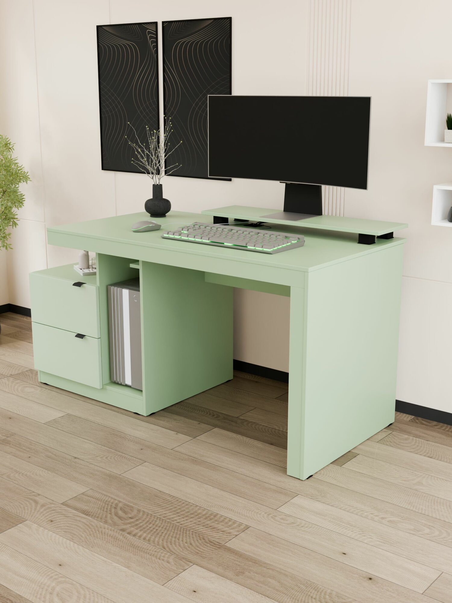 Изумлит Стол компьютерный для офиса и дома Вертикаль Лайт 162х80х74.5 см, тумба слева, мятный