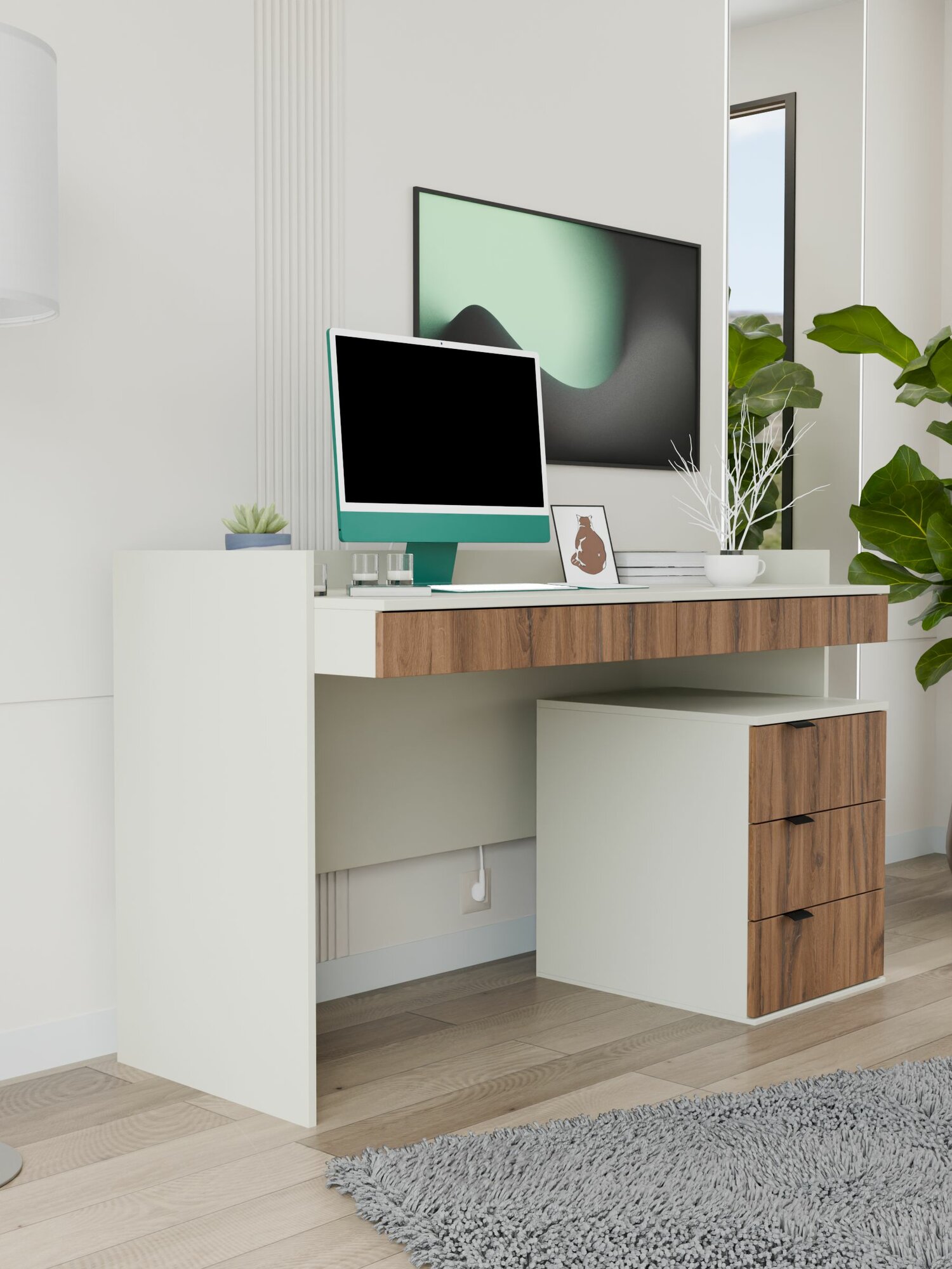 Изумлит Стол компьютерный для офиса и дома Бастион 140х87х64.5 см, корпус+столешница бежевый/фасад дуб крафт табачный