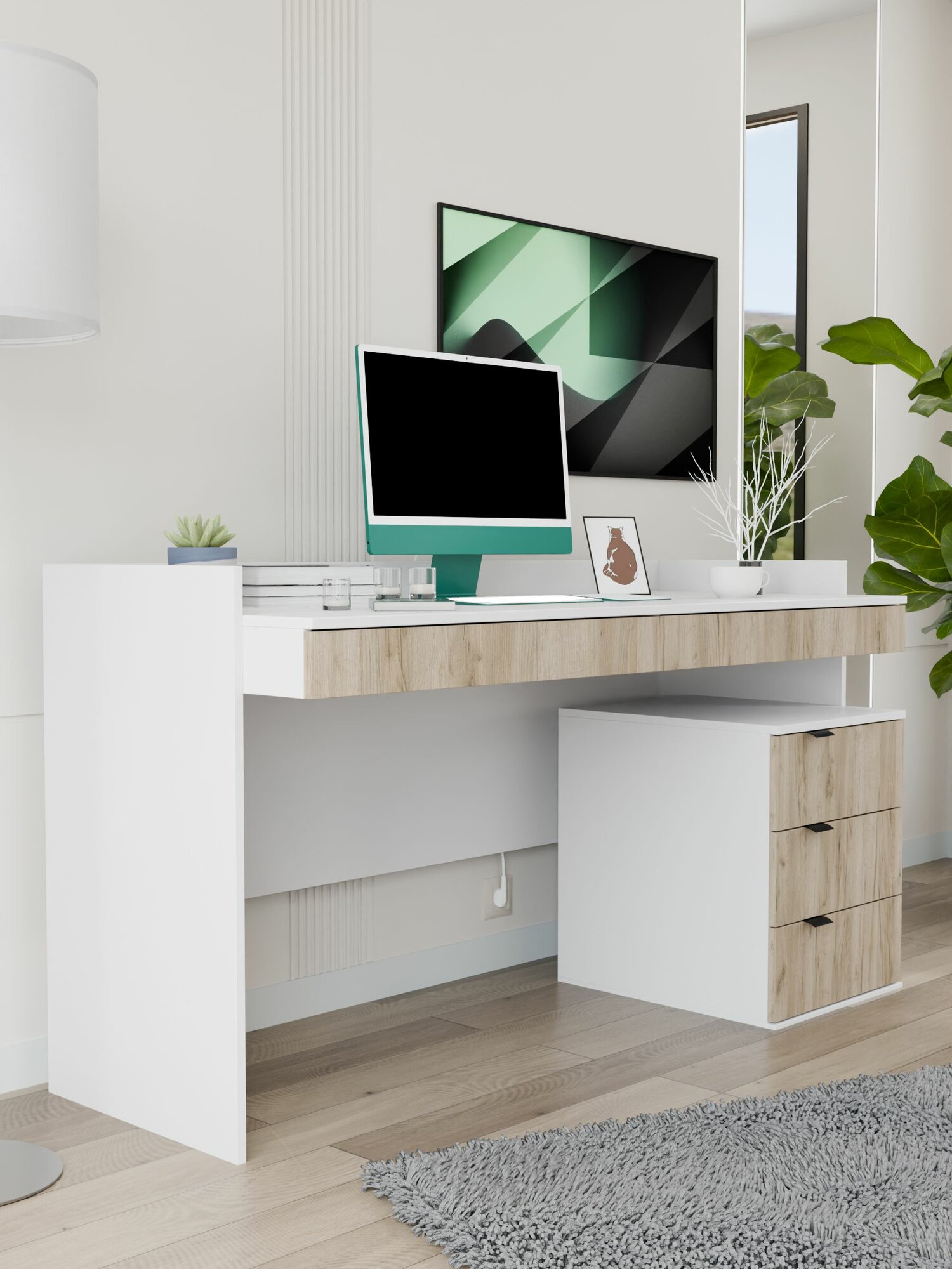 Изумлит Стол компьютерный для офиса и дома Бастион 160х87х64.5 см, корпус+столешница-белый/фасад-дуб крафт серый