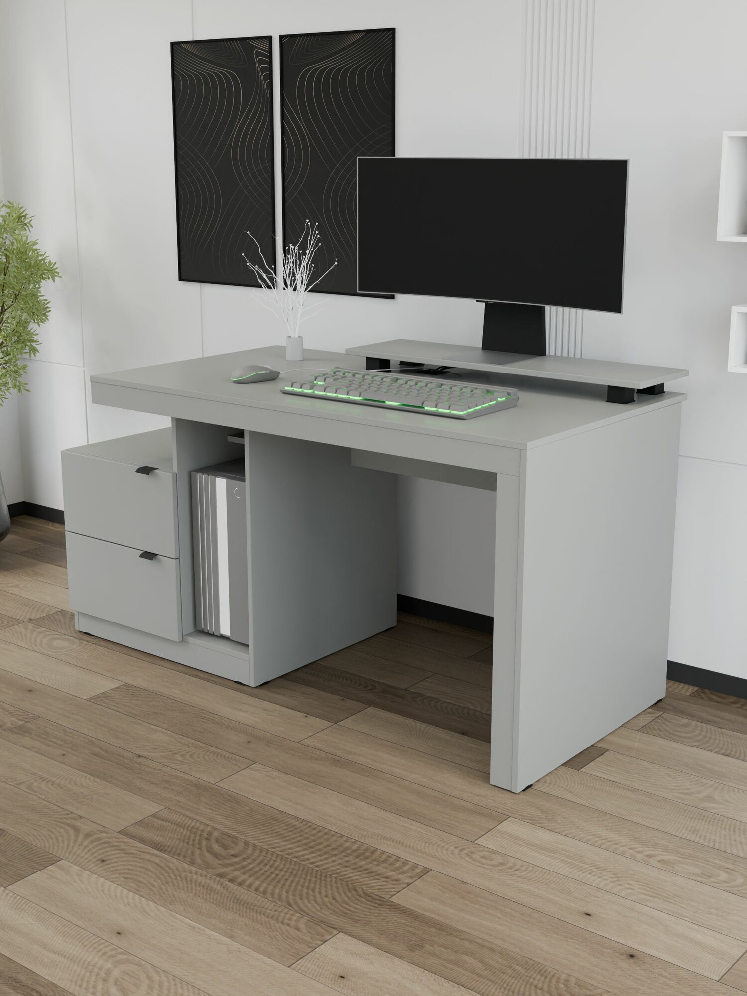 Изумлит Стол компьютерный для офиса и дома Вертикаль Лайт 162х80х74.5 см, тумба слева, шиншилла серая