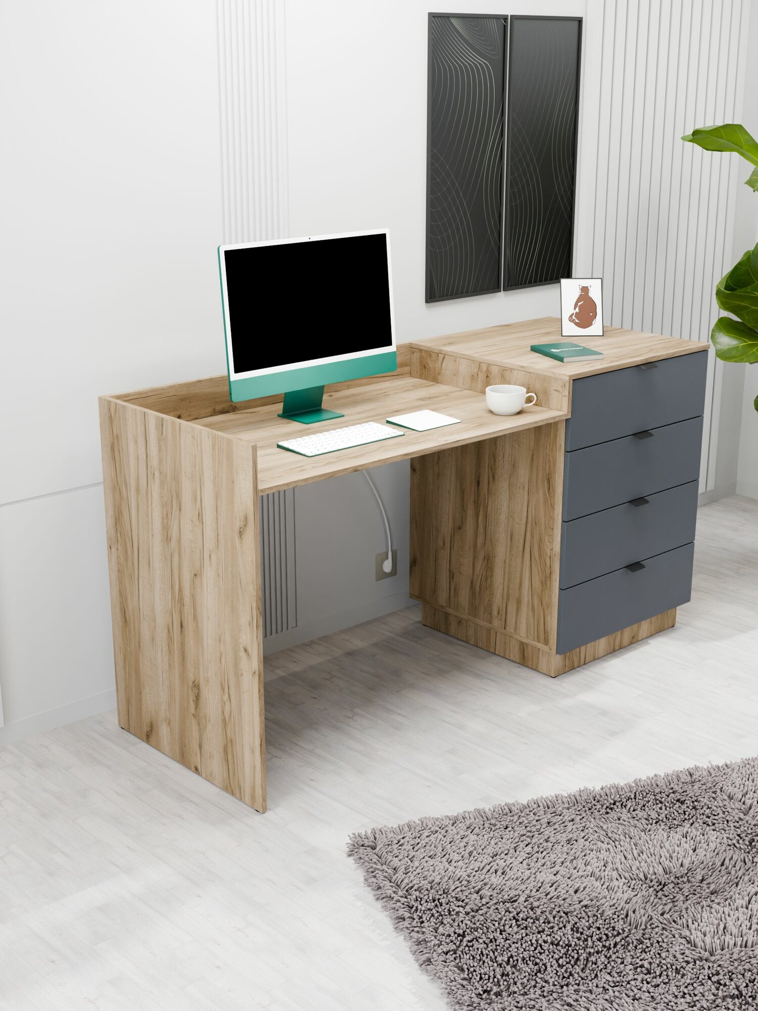 Изумлит Стол письменный для офиса и дома Бридж 163.2х86.6х60 см, дуб крафт серый - графит