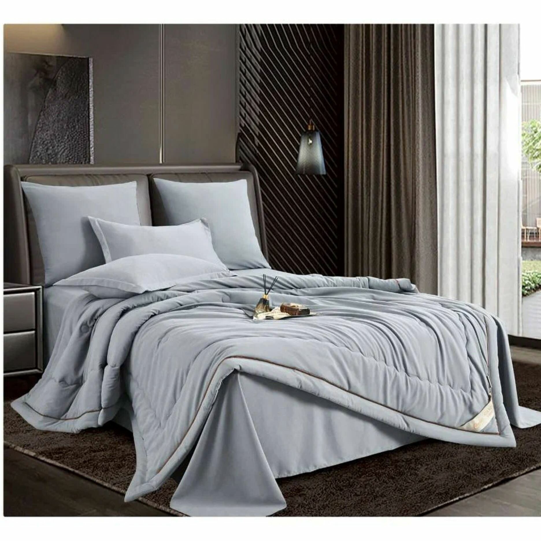 Постельное белье евро Candies с одеялом в подарочной сумке, комплект из 6 предметов, мягкое как бархат, серый