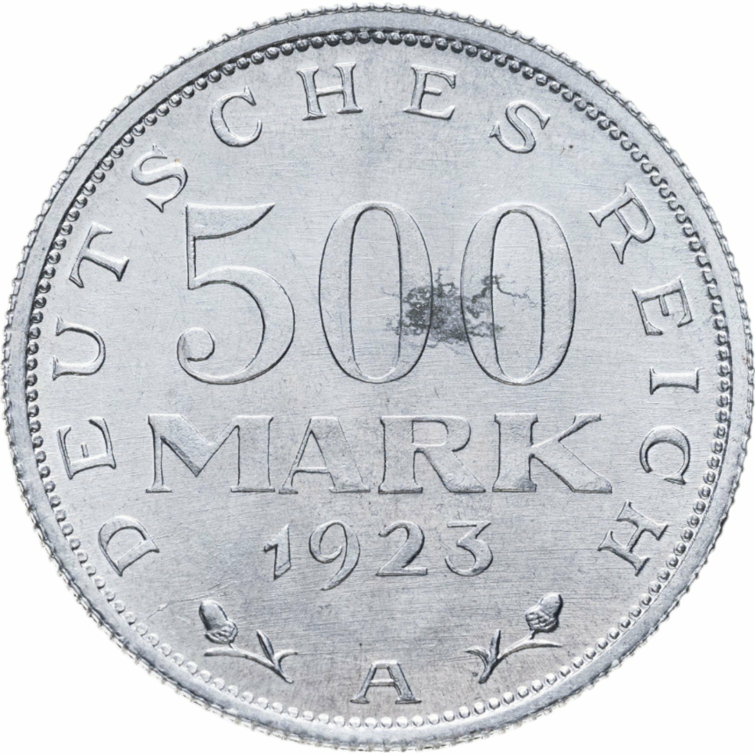 Германия 500 марок mark 1923, знак монетного двора "A" — Берлин, Алюминий, в сохранности UNC