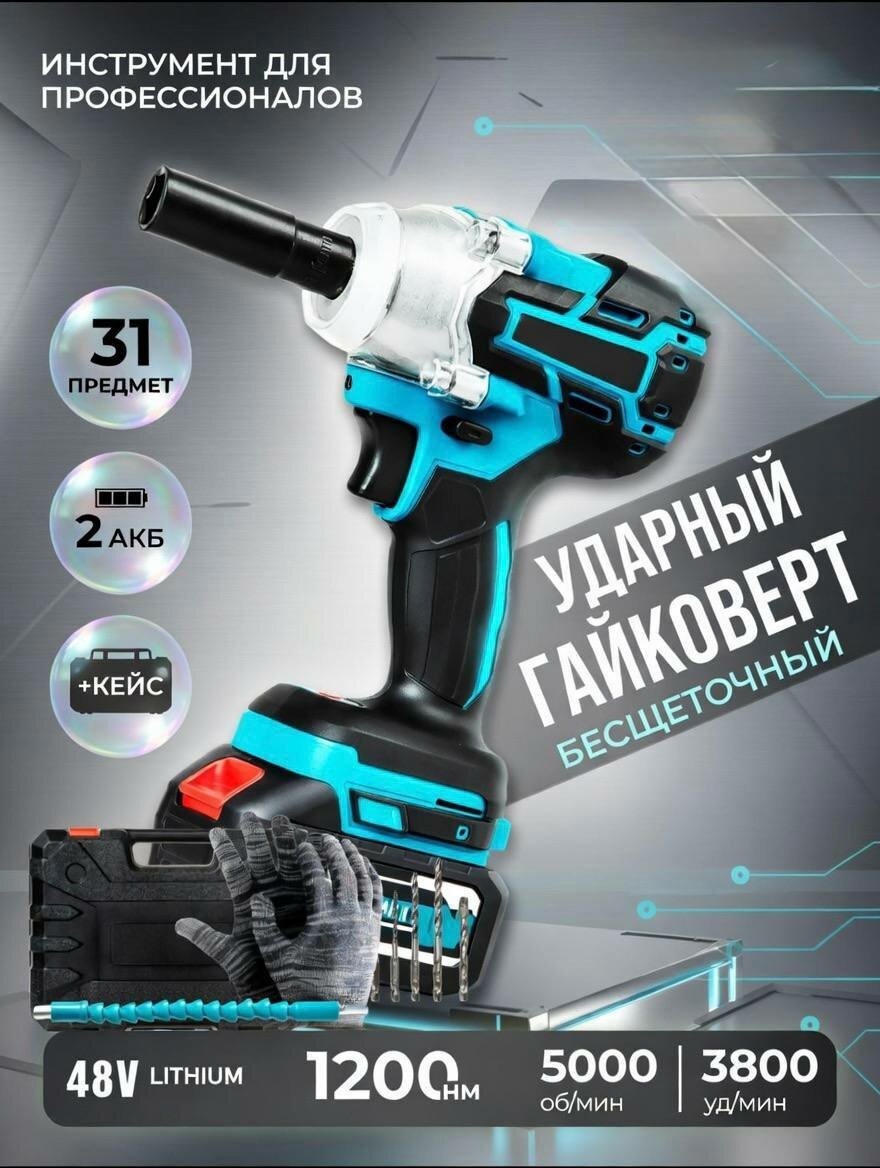 Гайковерт ударный, бесщеточный, 380 Нм, 2 АКБ в кейсе, синий