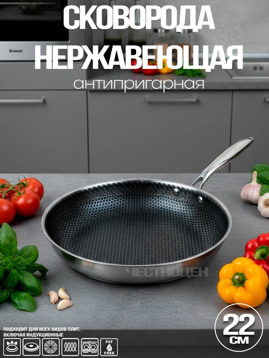 Сковорода из нержавеющей стали с антипригарным покрытием 22см HR179-8