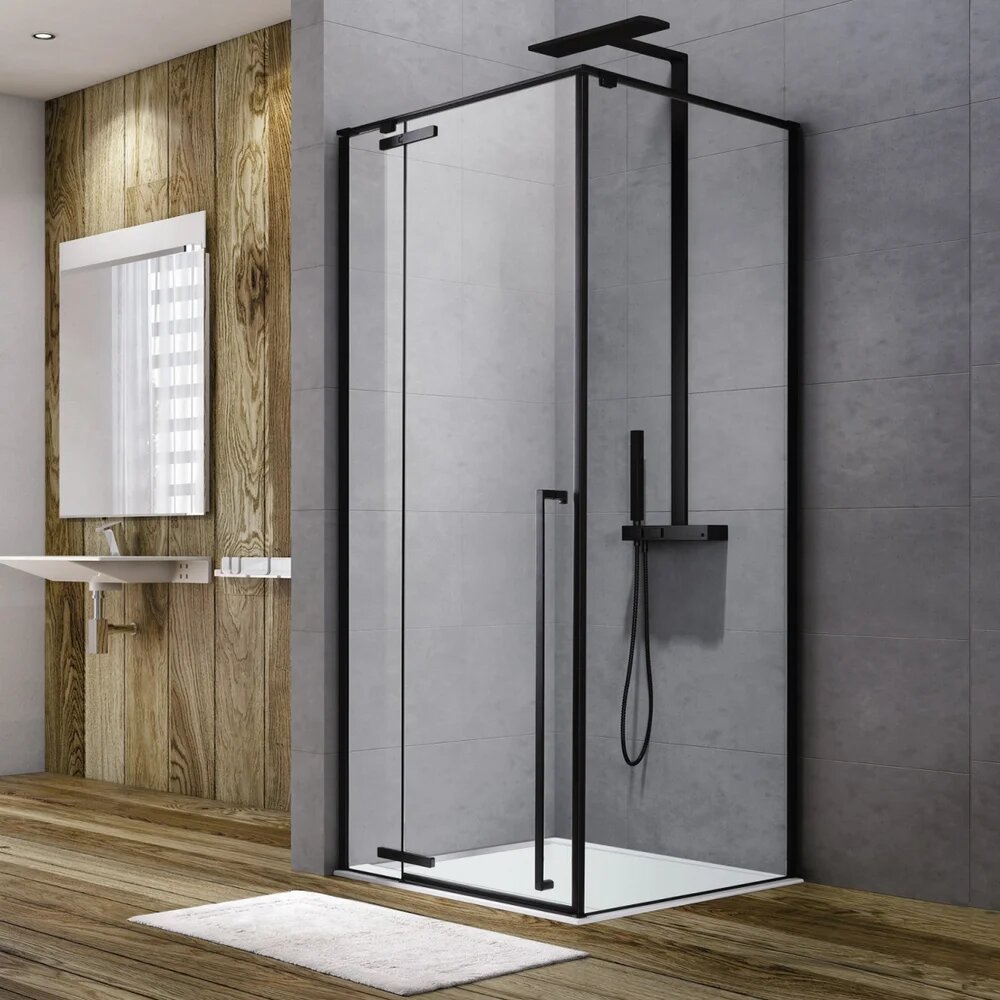 Душевой уголок Aquanet Ideal AE-AXC94MB-S-B без поддона, стеклянный, черный, 139x89, с распашными дверями, прямоугольный