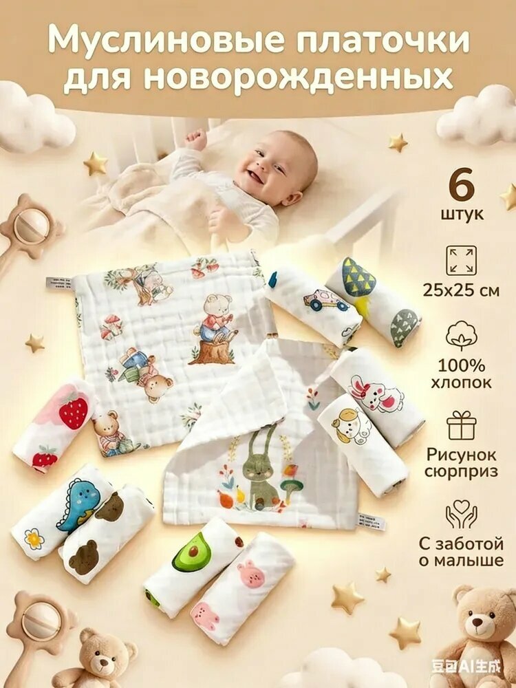 Детские нагрудники из чистого хлопка, набор из 6 штук Мягкая ткань, устойчивая к пятнам
