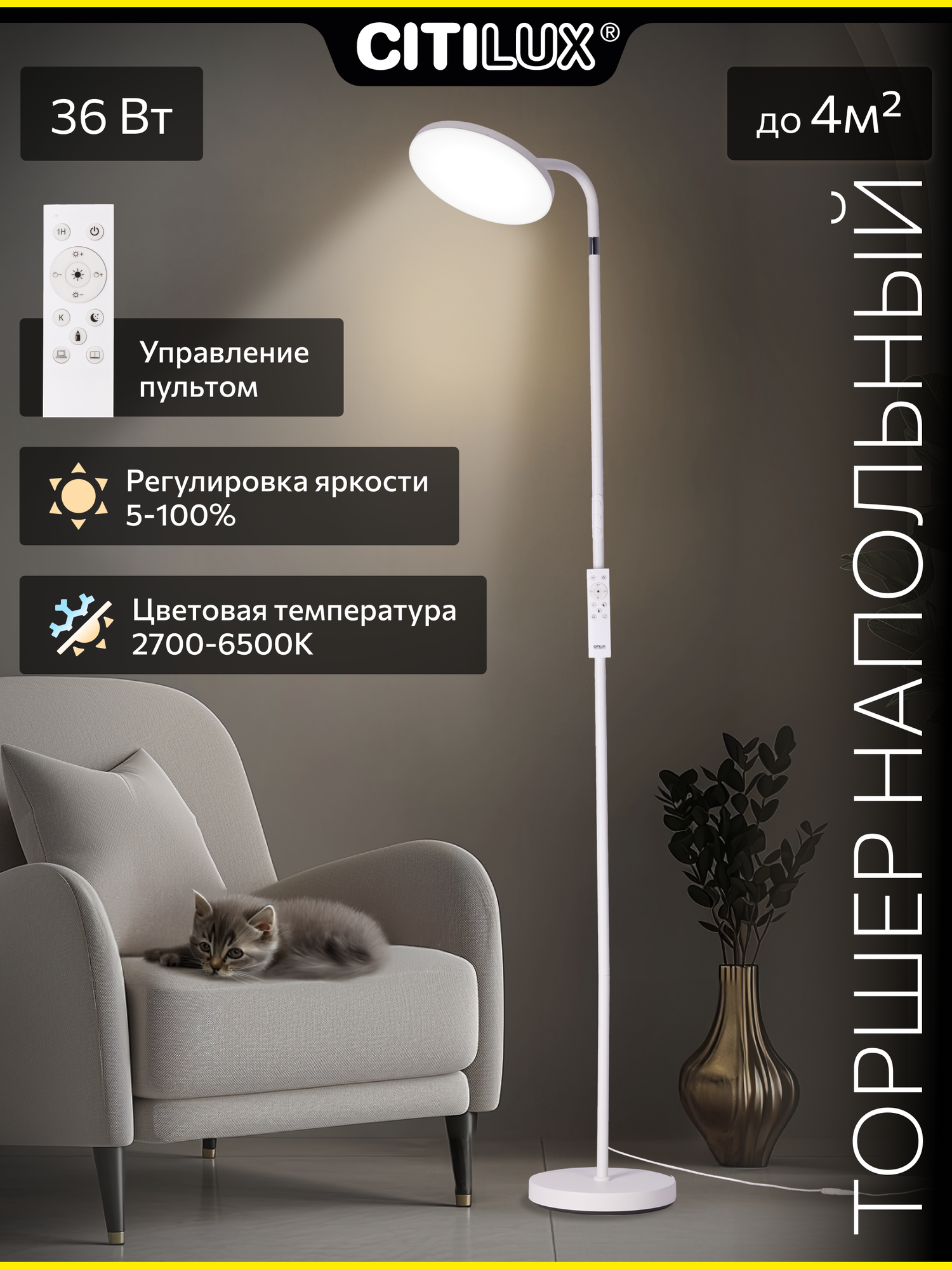 Торшер светодиодный с пультом Citilux SOLO CL804060 LED Белый, 36Вт
