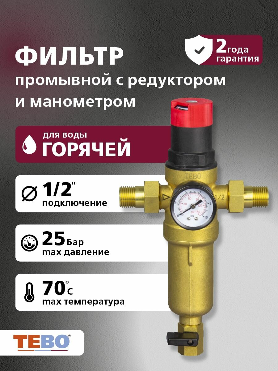 Фильтр промывной тево с редуктором и манометром для горячей воды 1/2"