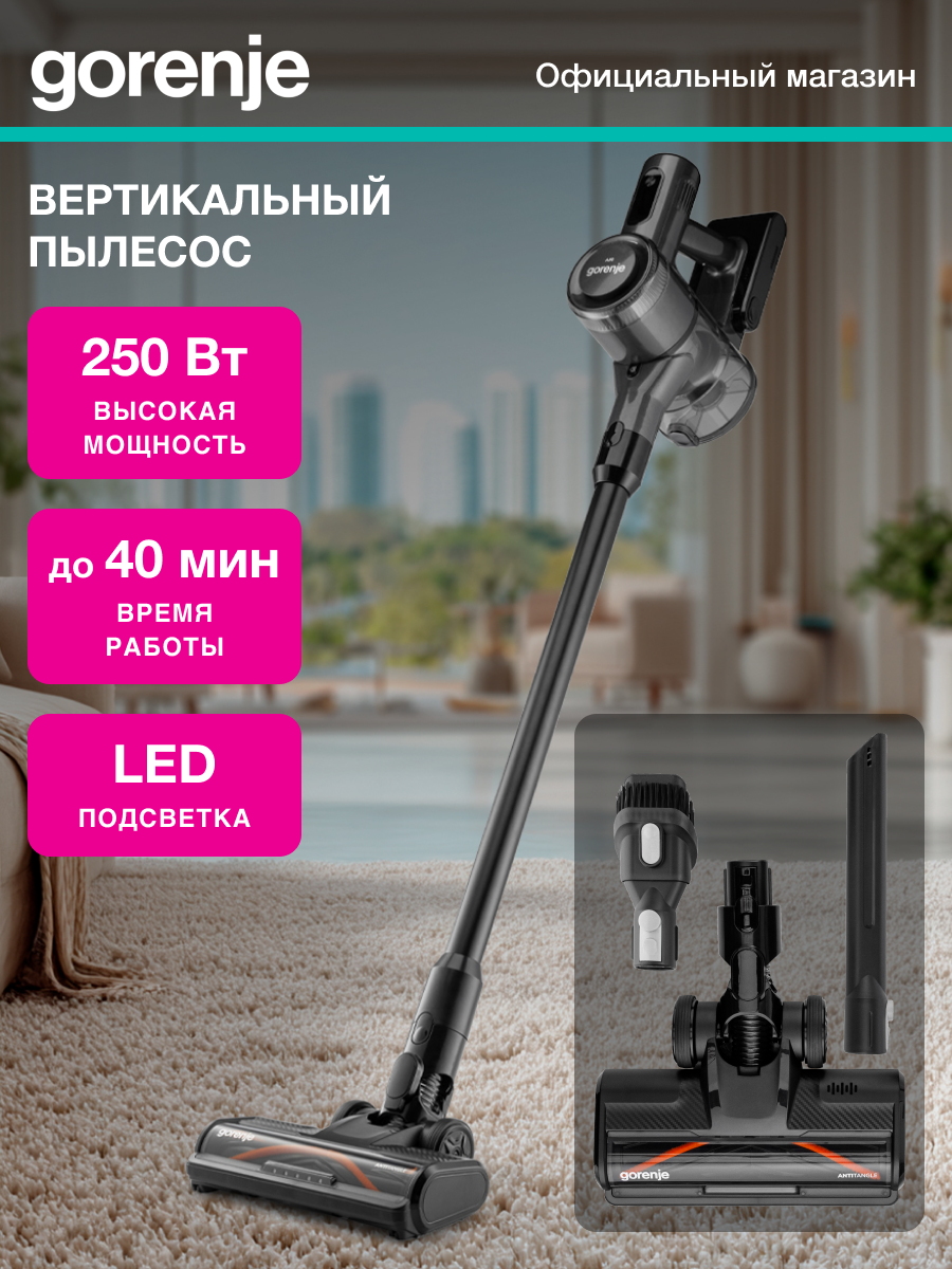 Вертикальный пылесос Gorenje SVC222480AA черный/черный, мощность 250Вт