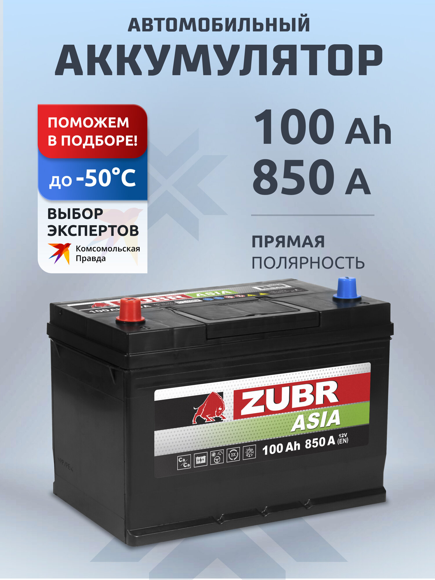 Аккумулятор автомобильный ZUBR Premium Asia 100 Ач прямая полярность 850А азия