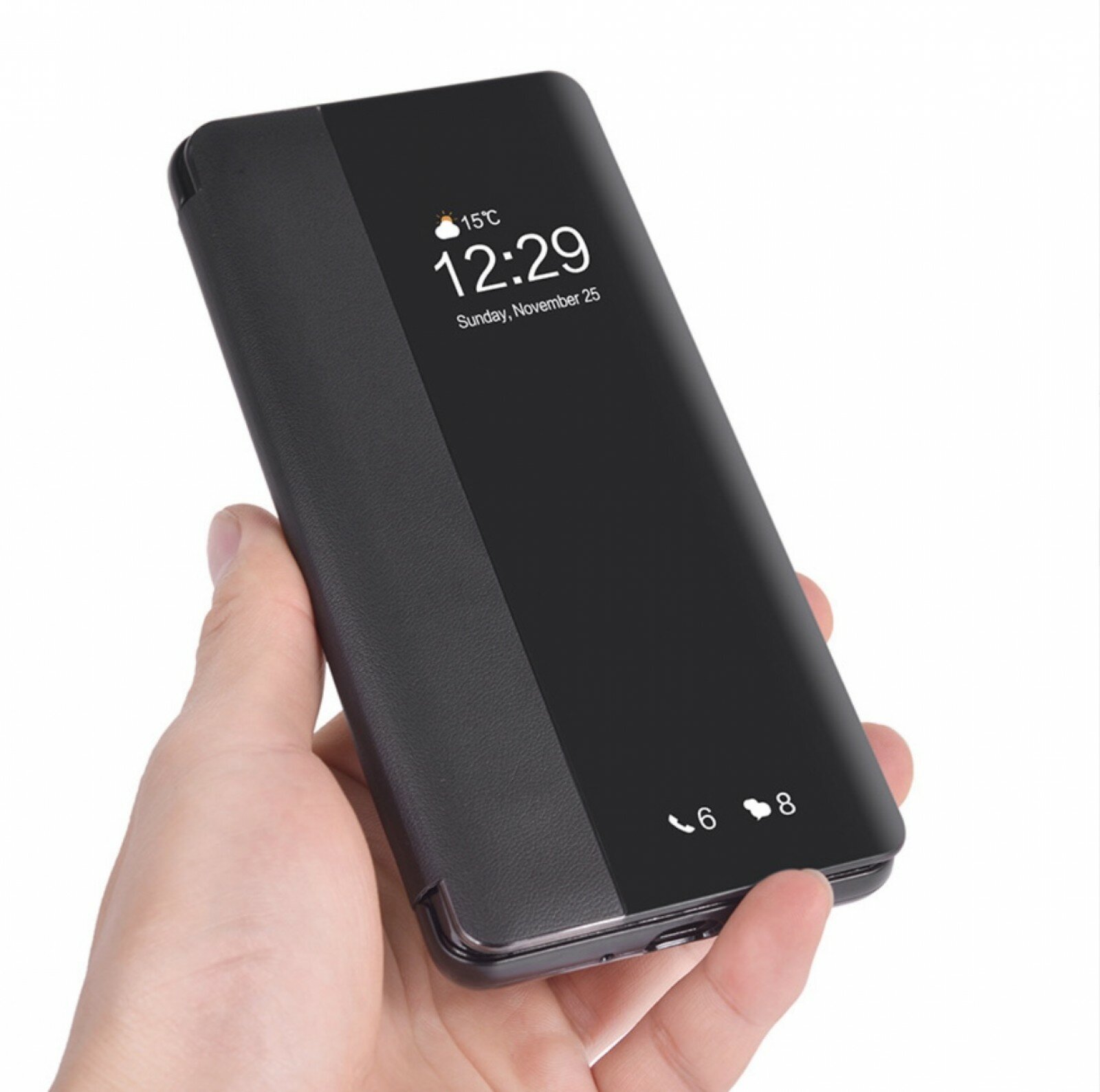 Чехол-книжка MyPads для Huawei P20 Lite / Nova 3e с окошком для входящих вызовов чёрный