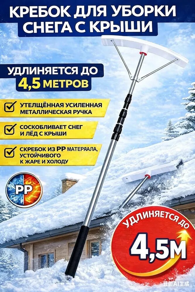 Скрепер для уборки снега с крыши, удлиняется до 4,5 метров