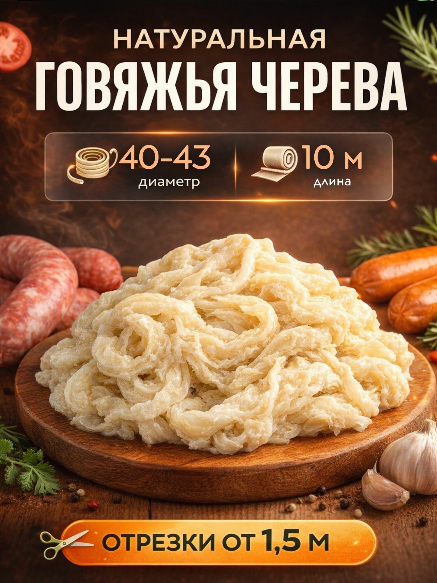 Оболочка для колбасы натуральная говяжья, 40/43 мм, длина 10 м (черева), отрезки от 1.5м