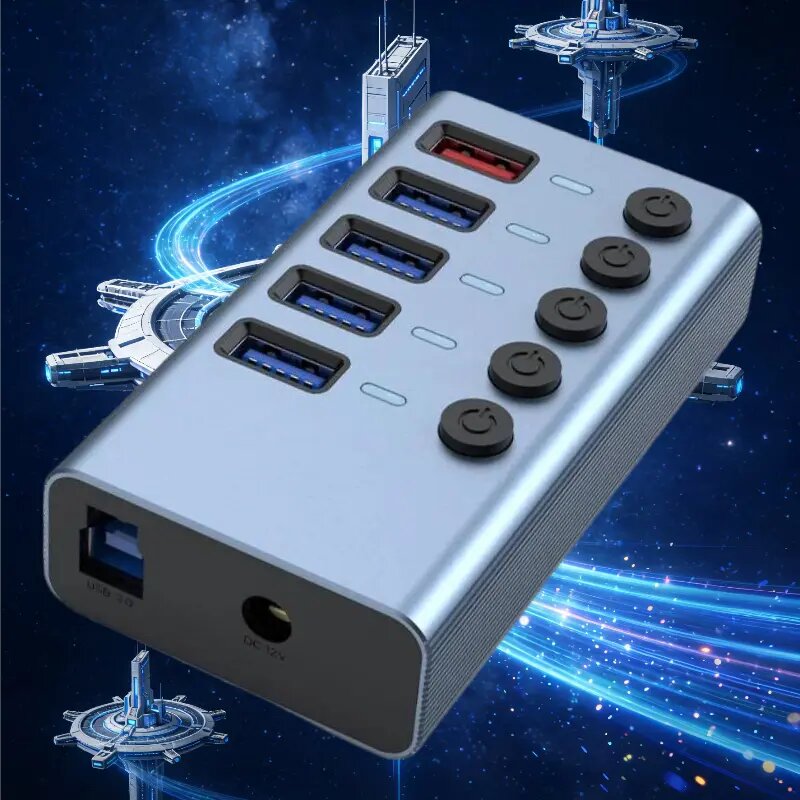 USB-разветвитель 10-в-1, 20 портов, с адаптером питания, алюминиевый корпус, серый