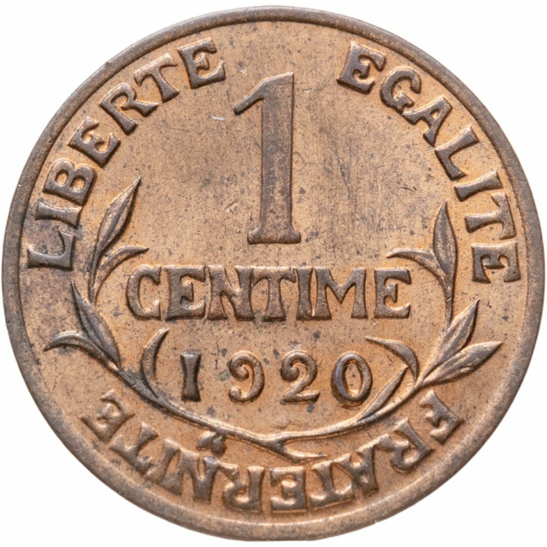 Франция 1 сантим centime 1920, Бронза, в сохранности AU