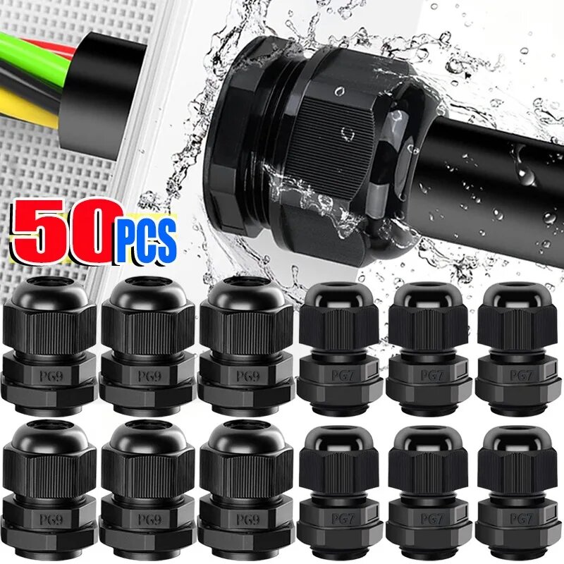 Водонепроницаемые кабельные вводы PA66 PG7 PG9 10 штук PG9-Black 50PCS