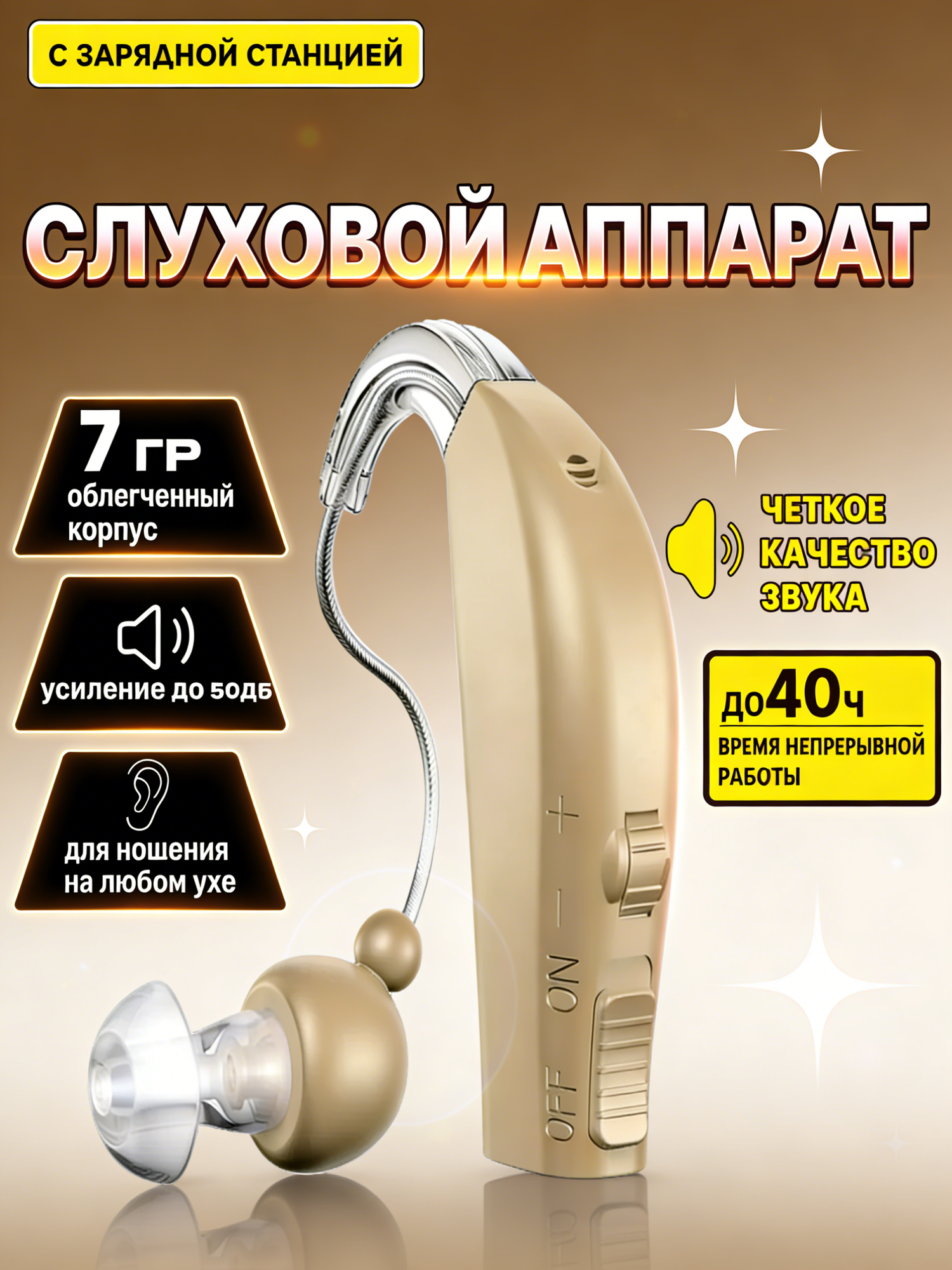 Слуховой аппарат, усиление звука до 30Х, влагозащита, мягкие амбушюры