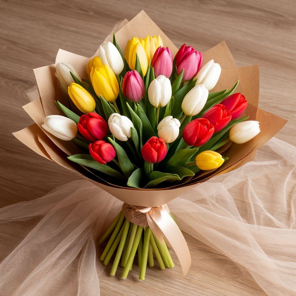 Букет из разноцветных тюльпанов 25шт, красивый букет цветов, шикарный, премиум цветы, премиум букет