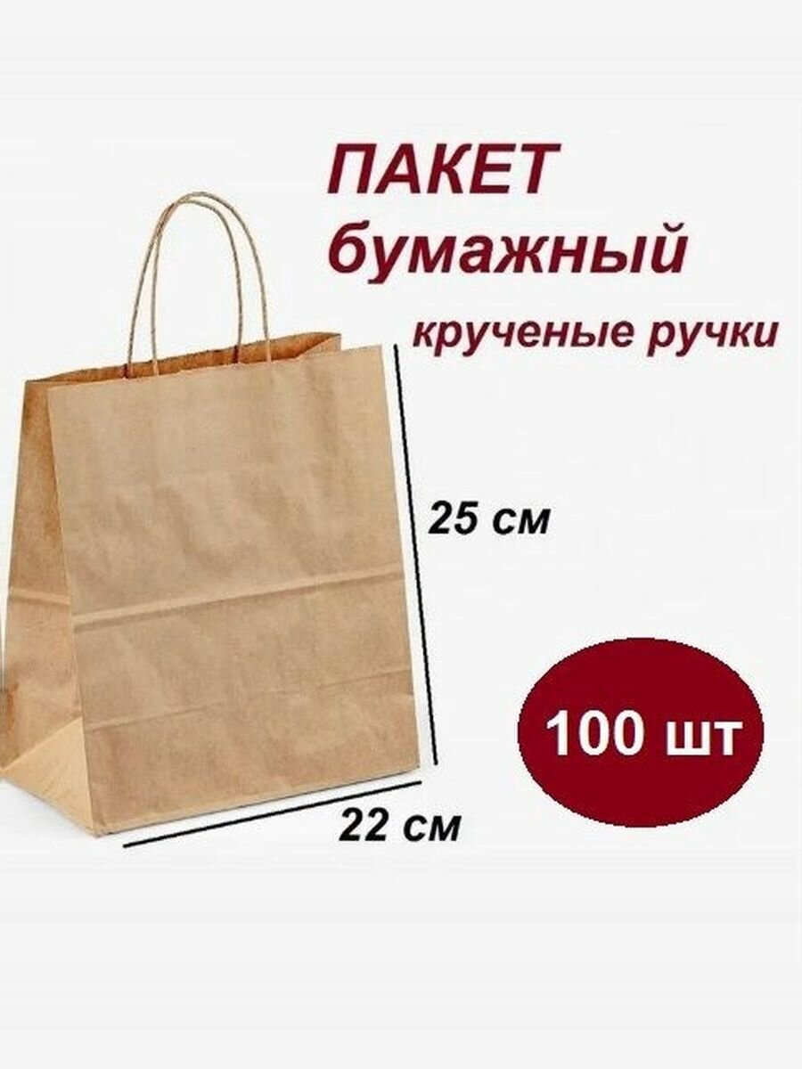 Пакет бумажный с кручеными ручками 22*12*25см, цвет крафт, 100 шт.