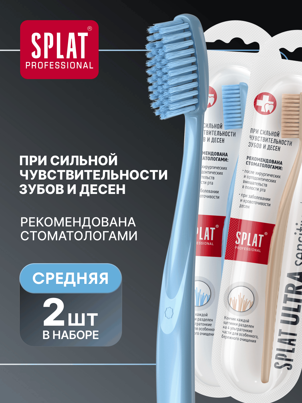 Инновационная зубная щетка SPLAT SENSITIVE. Сенсетив для чувствительных зубов, средняя, 2 шт