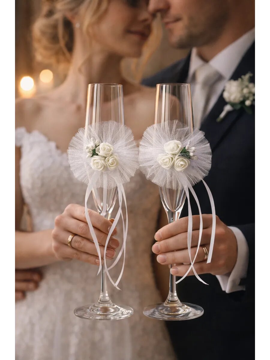 Украшение на бокалы свадебные набор 2 шт, бантики на фужеры молодоженов для свадьбы на стол жениха и невесты