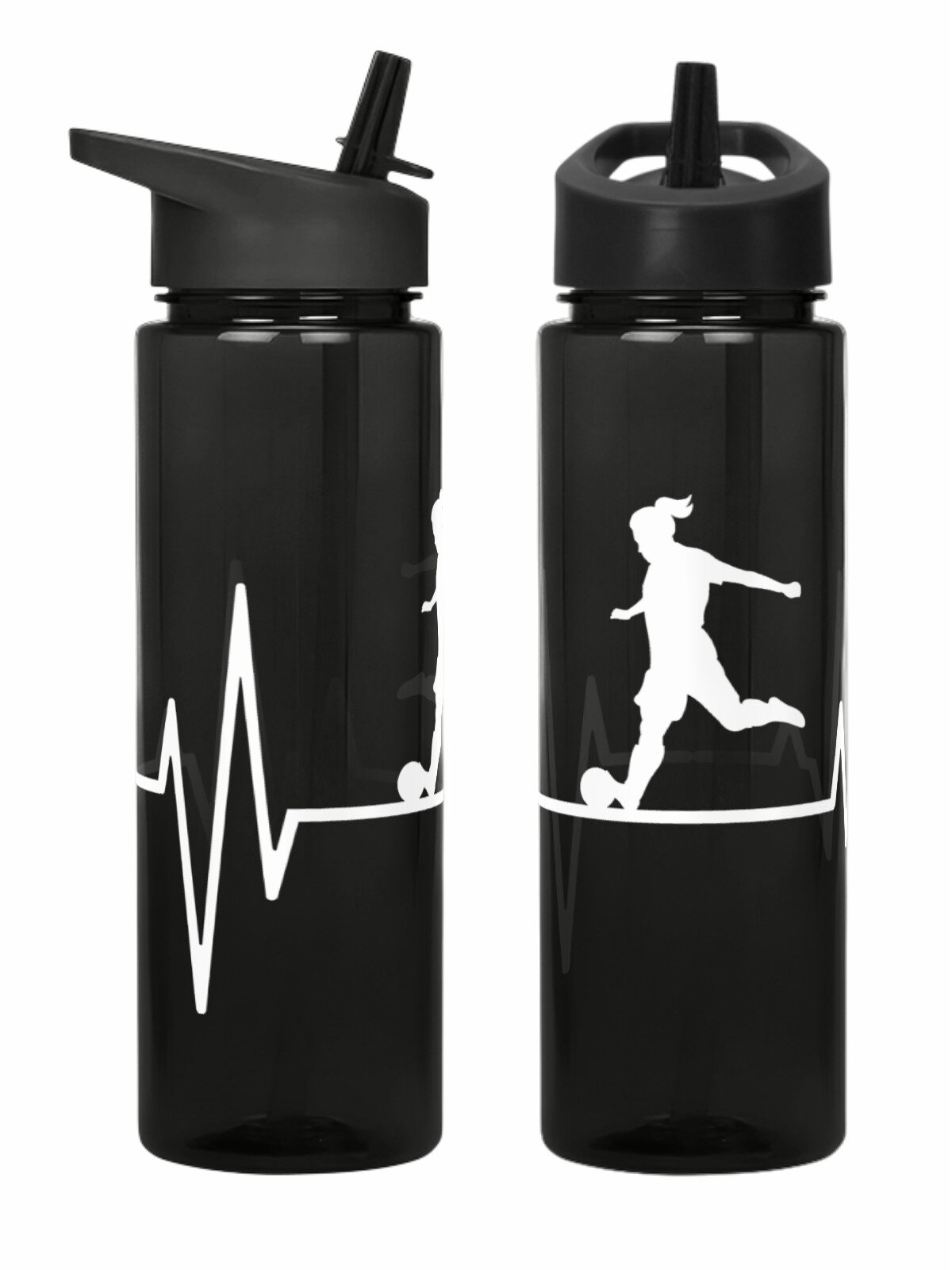 Бутылка черная для воды с принтом В ритме сердца: футбол. Подарок футболисту.