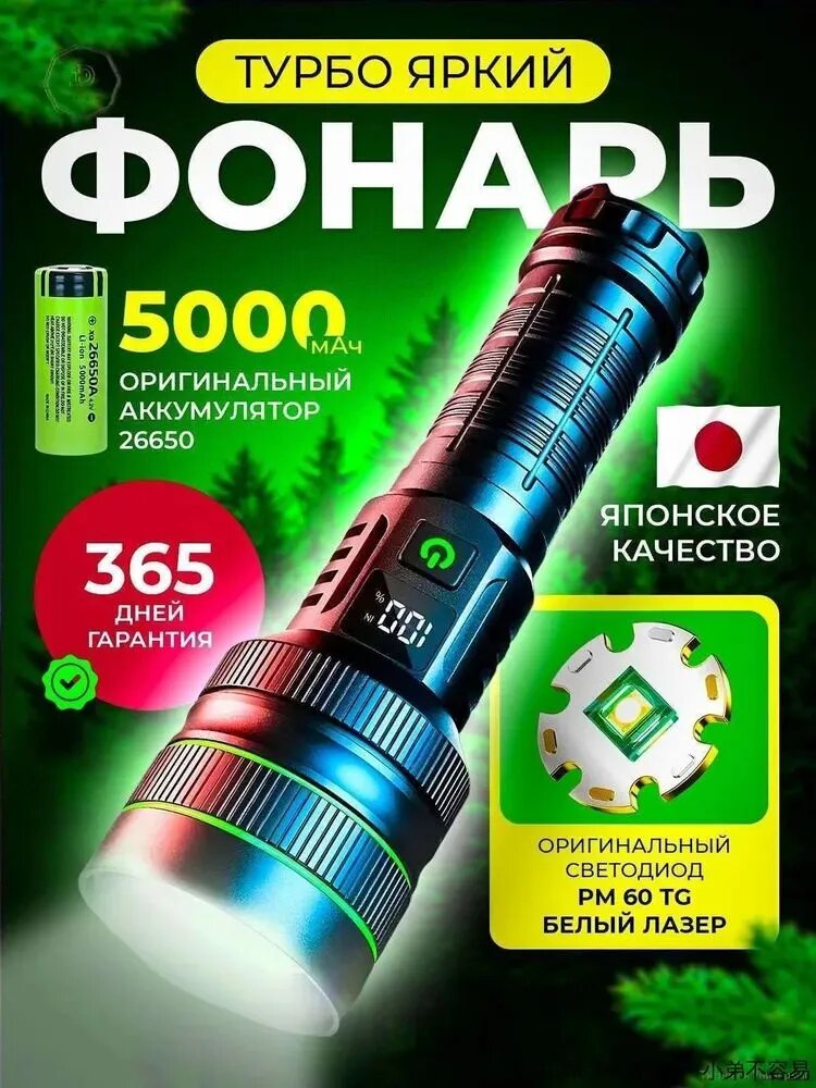 Фонарь ручной мощный светодиодный с лазерным светодиодом PM 60 TG, аккумулятор 5000mAh, японское качество — фото 1