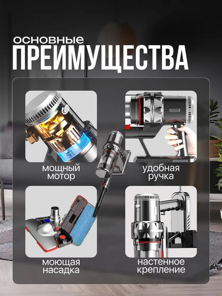 Вертикальный пылесос для сухой и влажной уборки, мощность 2000 Вт, объем пылесборника 1100 мл, 4 насадки + моющая насадка — фото 1