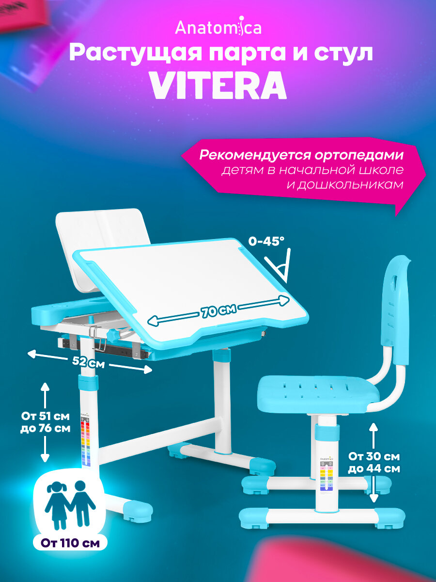 Комплект Anatomica Vitera парта + стул + выдвижной ящик + подставка белый/светло-голубой