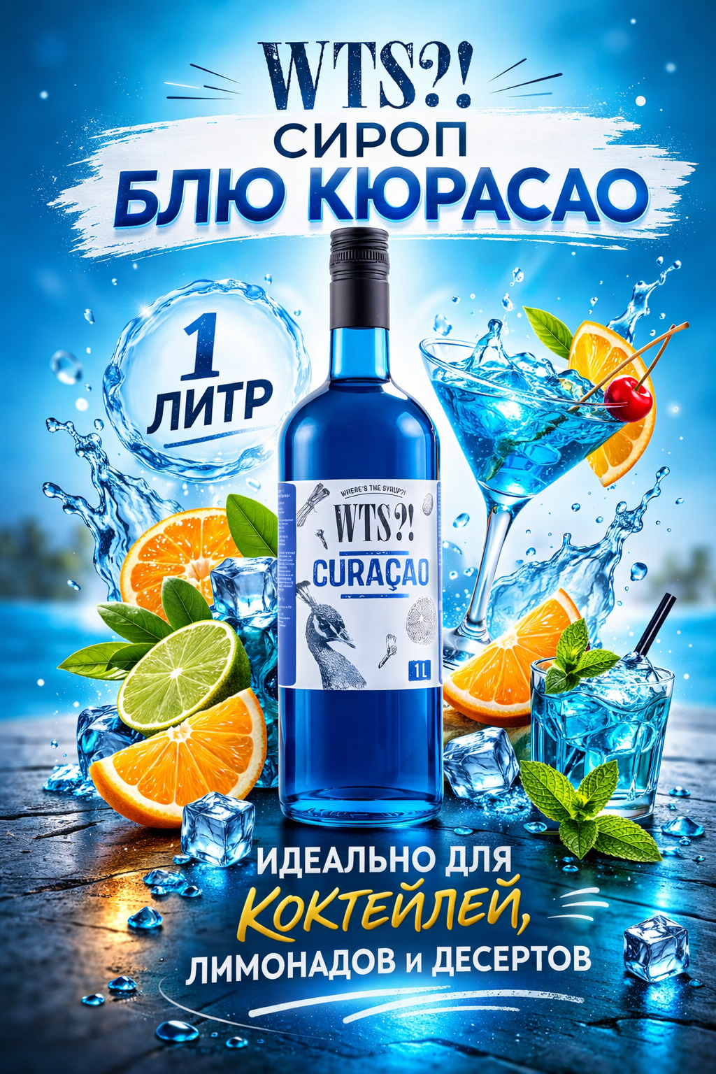 Сироп WTS! Блю Курасао для кофе, коктейлей, десертов, лимонада и мороженого 1л