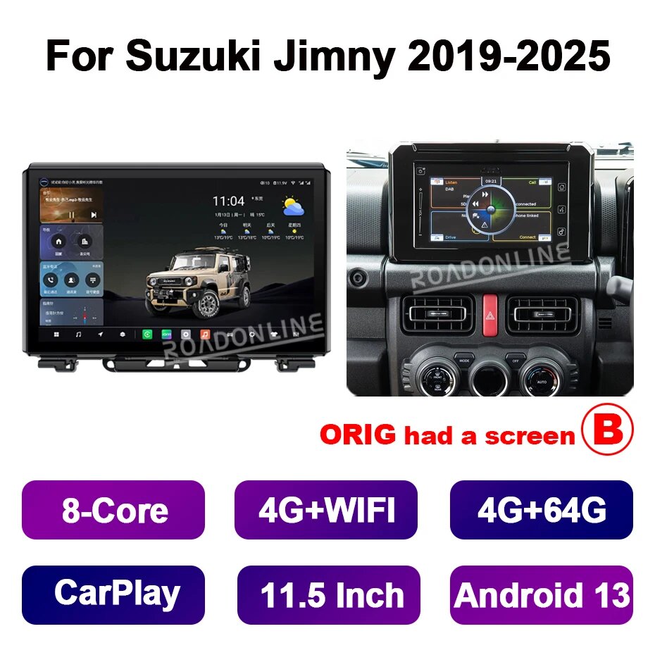 Мультимедиа для Suzuki Jimny 2019-2025, 11.5", Android 13, CarPlay, 4G+WiFi, 4