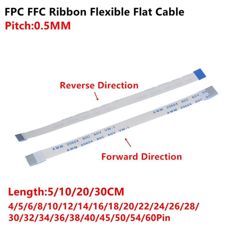 Ленточный гибкий плоский кабель FPC/FFC 0.5 мм 4-60 Pin 40 pin, Forward Direction, 20cm 0.5MM