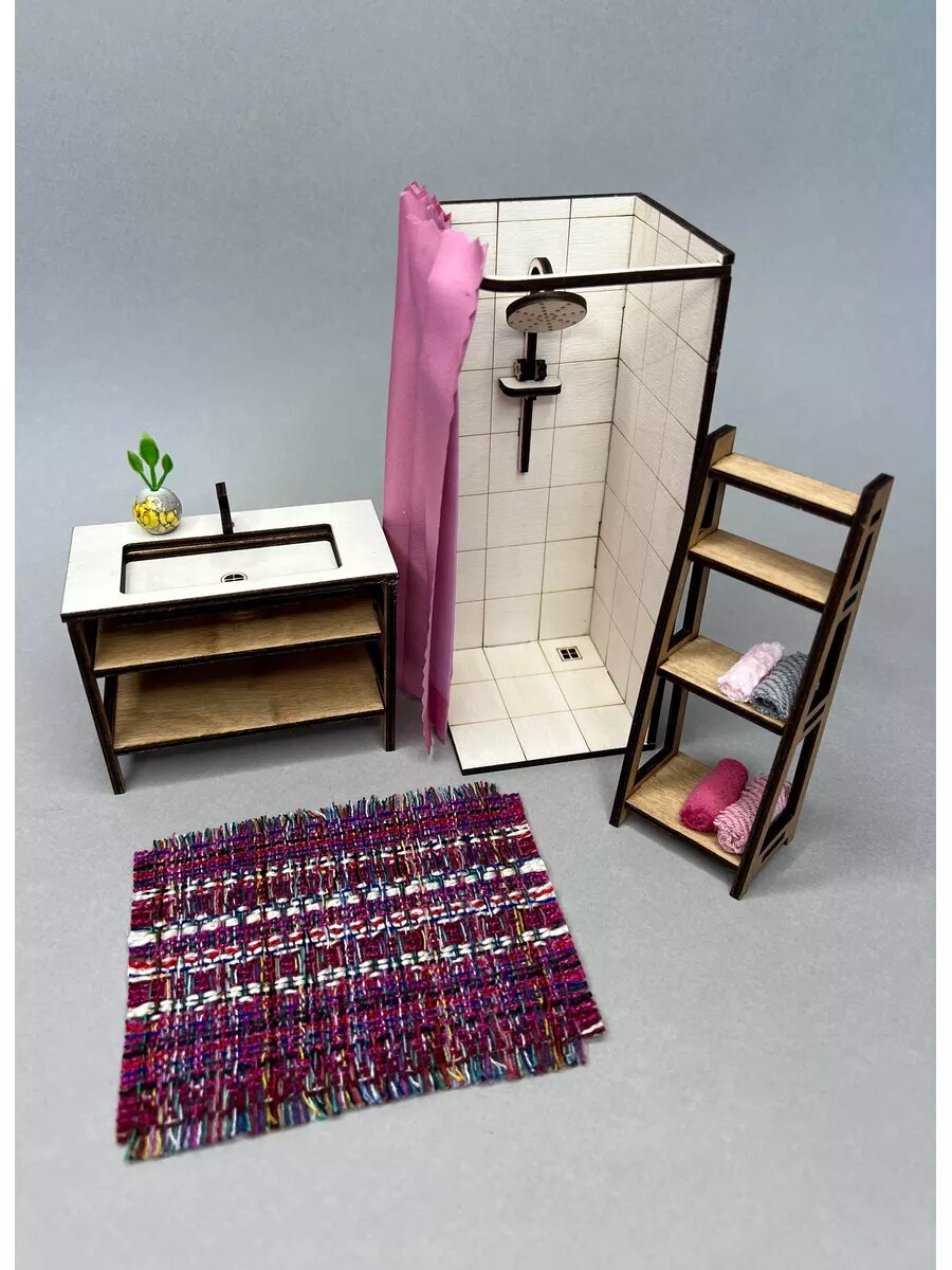 Кукольная мебель "Ванная" для кукол до 16 см, дерево, набор.