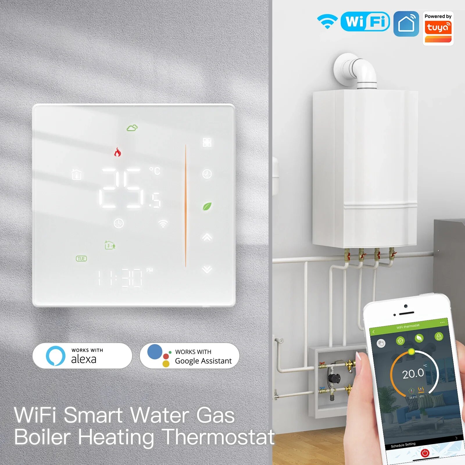 Wi-Fi термостат для газового котла, белый WHT-006-GC-WH-MS