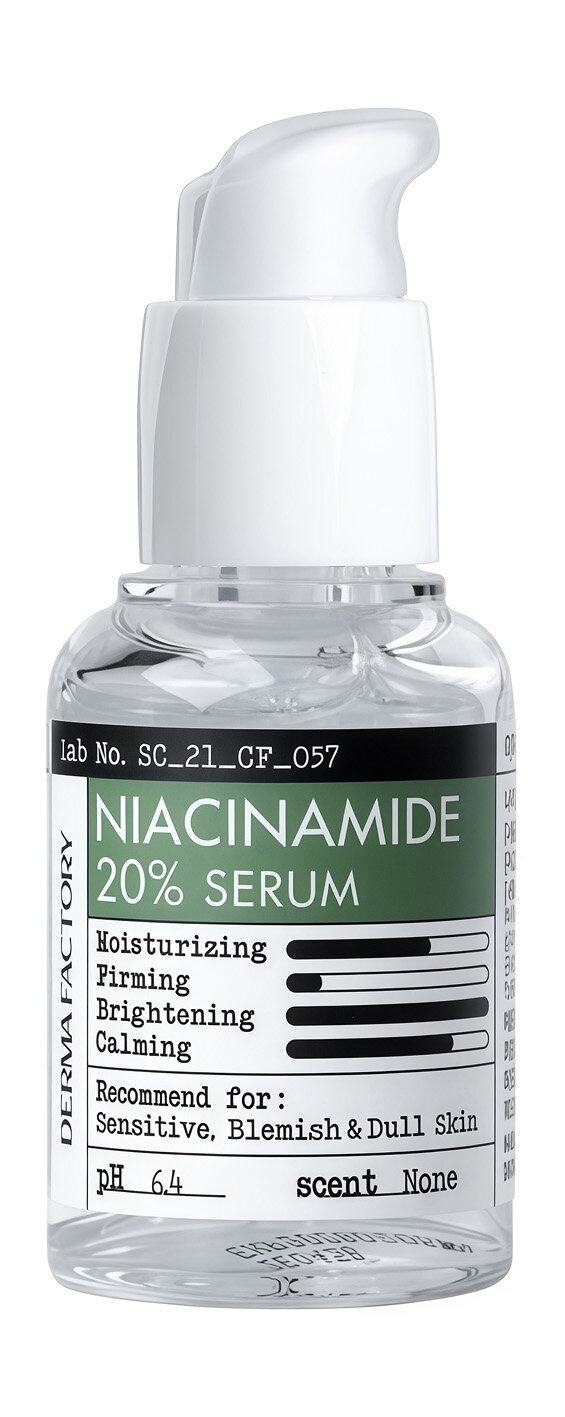 DERMA FACTORY Сыворотка для лица с ниацинамидом Niacinamide 20% Serum успокаивающая, 30 мл
