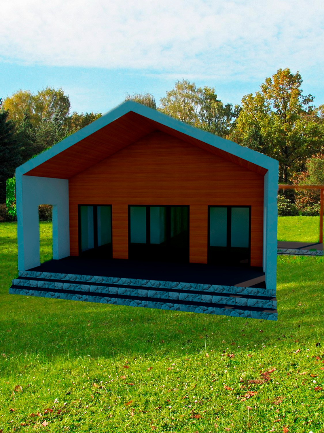 Проект одноэтажного каркасного дома с террасой, тремя комнатами 8,0х17,0 м